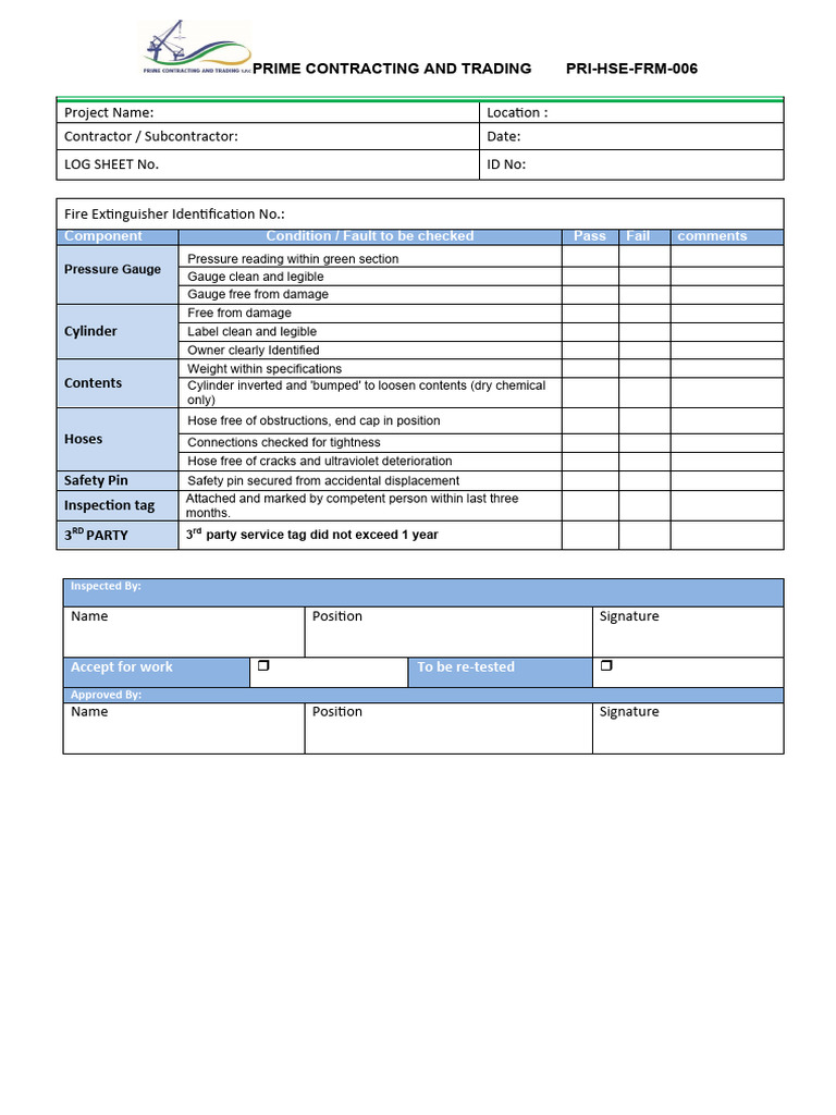 PRI-HSE-FRM-006 Fire Extinguisher Inspection Checklist | PDF PRI-HSE-FRM-006 Fire Extinguisher Inspection Checklist | PDF