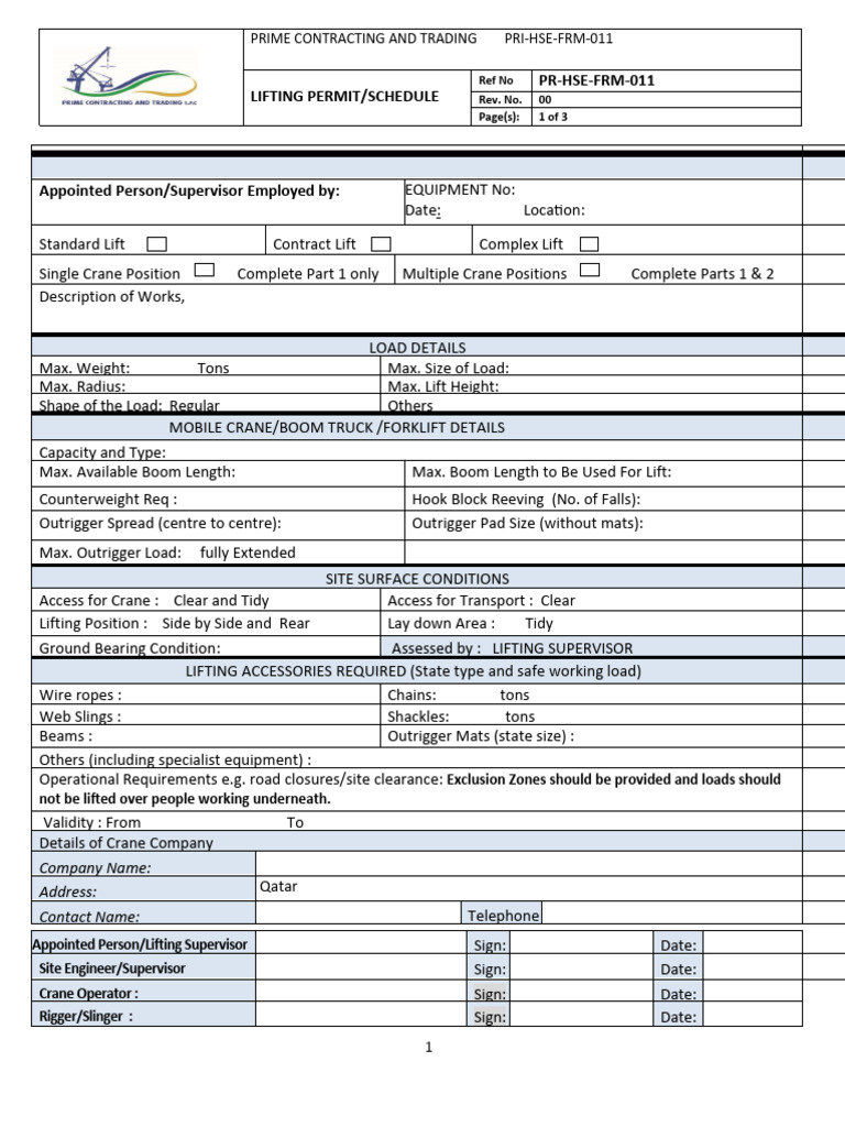 Pri-Hse-Frm-011 Lifting Permit | PDF | Crane (Machine) | Transport