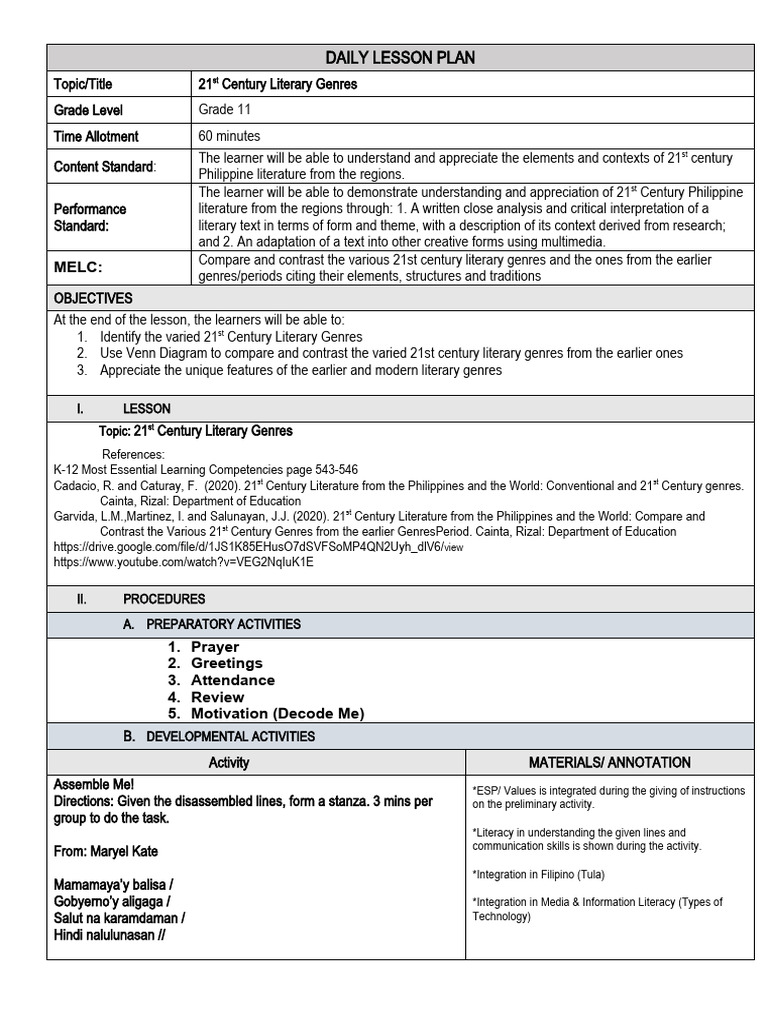 21ST Century DLP For 2ND Quarter | PDF | Learning | Poetry