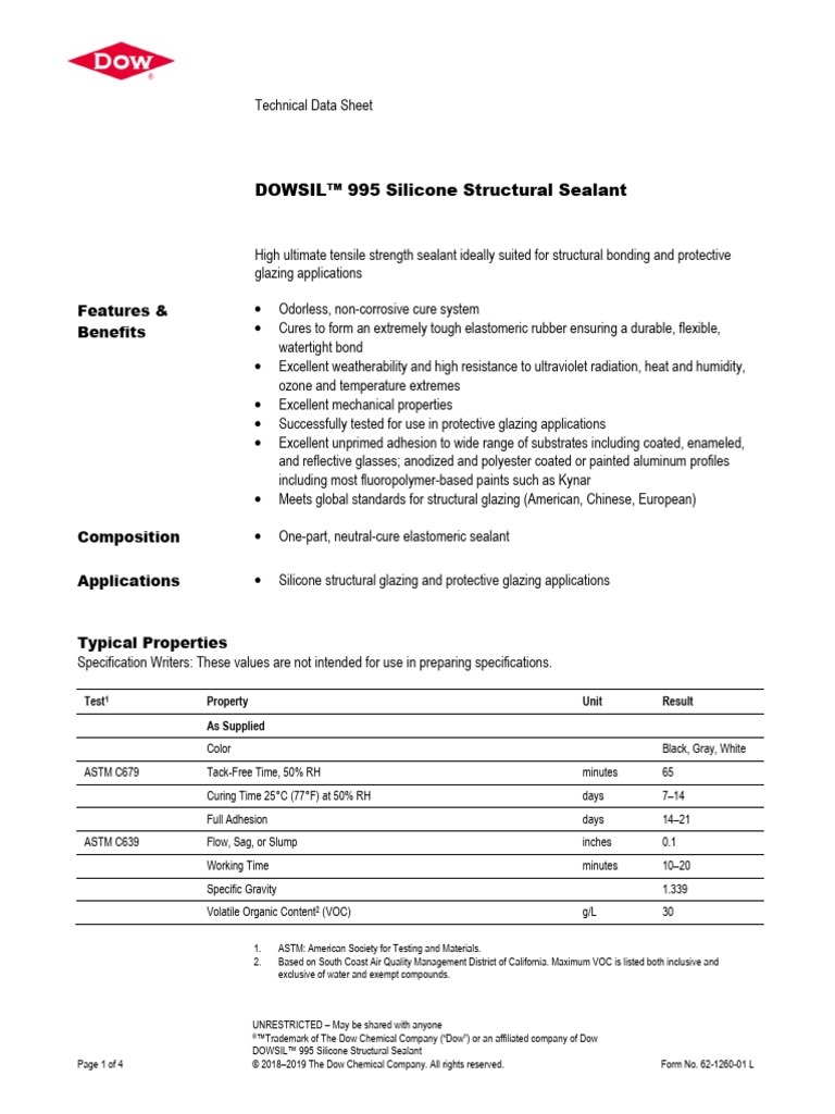 DOWSIL 995 Silicone Structural Sealant Product Data 1799968 | PDF ...