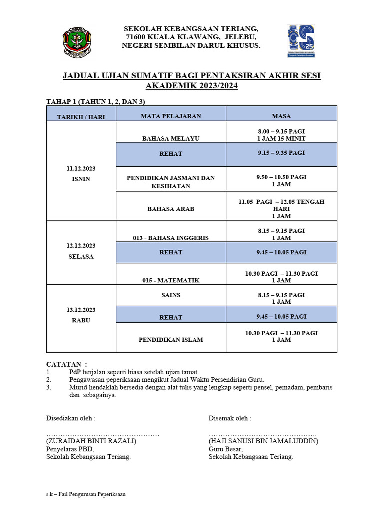 Jadual Waktu Uasa Tahap 1 | PDF