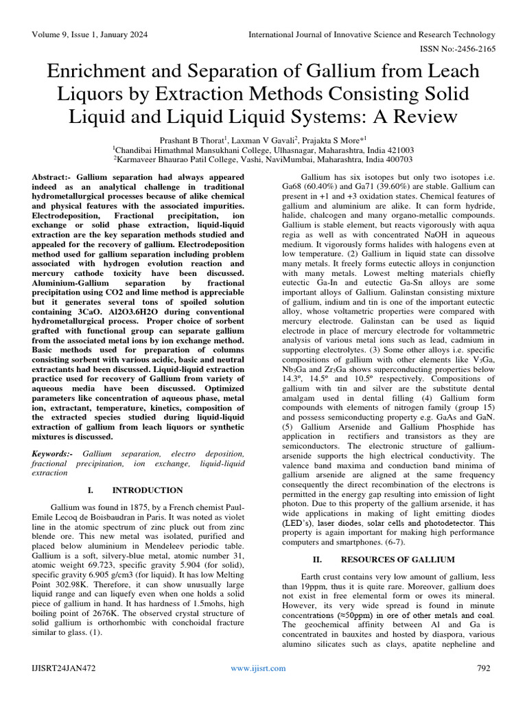 Enrichment and Separation of Gallium From Leach Liquors by Extraction Methods Consisting Solid ...