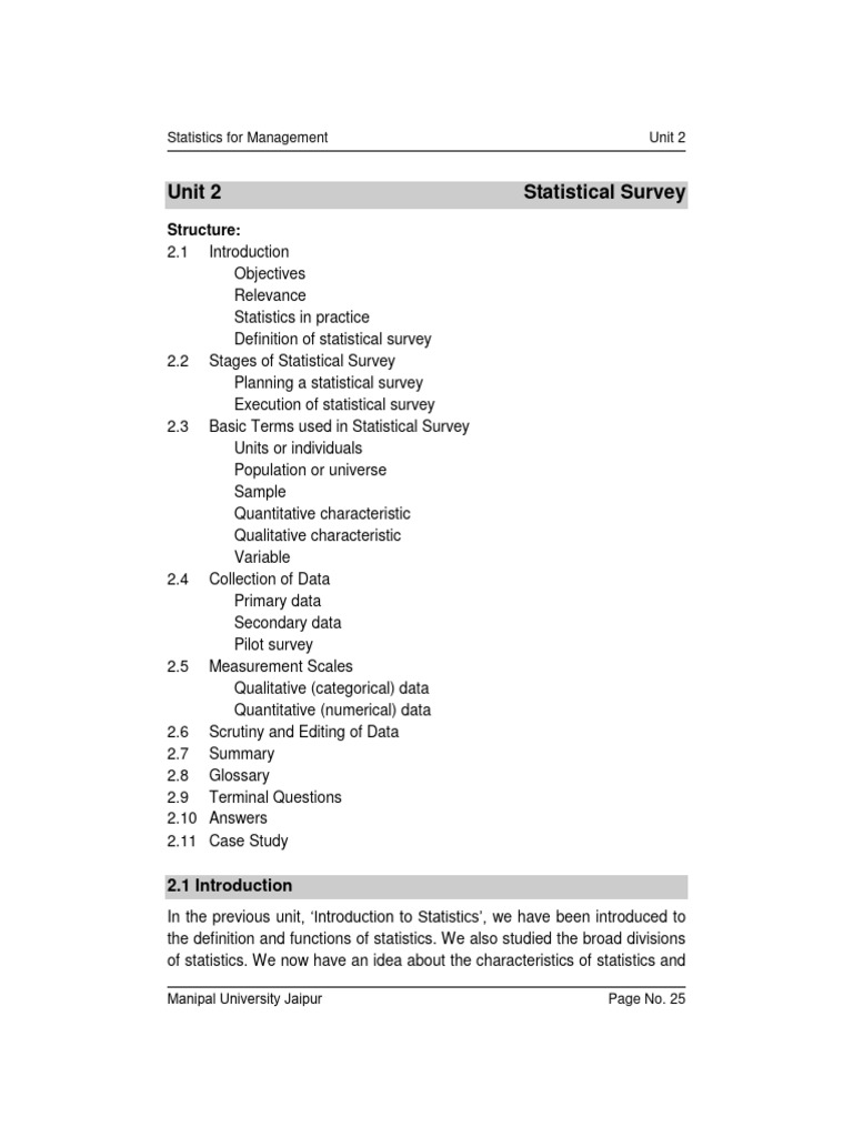 Unit 02 - Statistical Survey | PDF | Survey Methodology | Statistics Unit 02 - Statistical Survey | PDF | Survey Methodology | Statistics