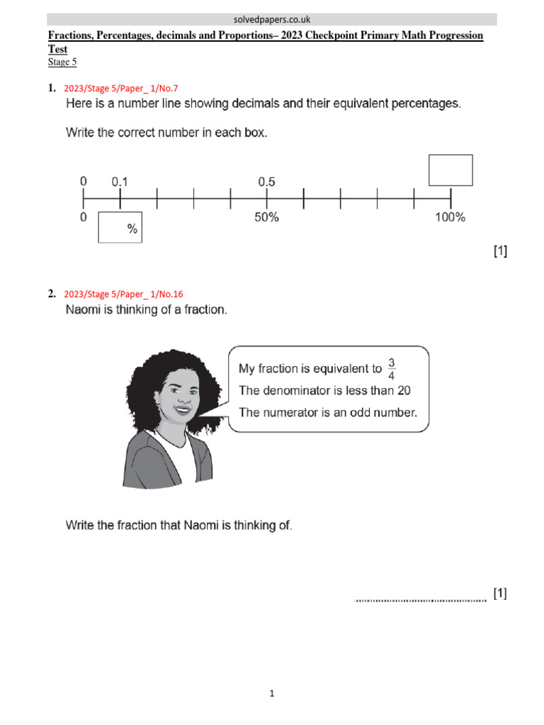 2023 Fractions Percentages Decimals and Proportions Checkpoint Primary Math Progression Stage 5 ...