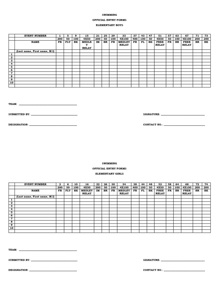 Elementary Swimming Entry Forms | PDF | Swimming | Racing