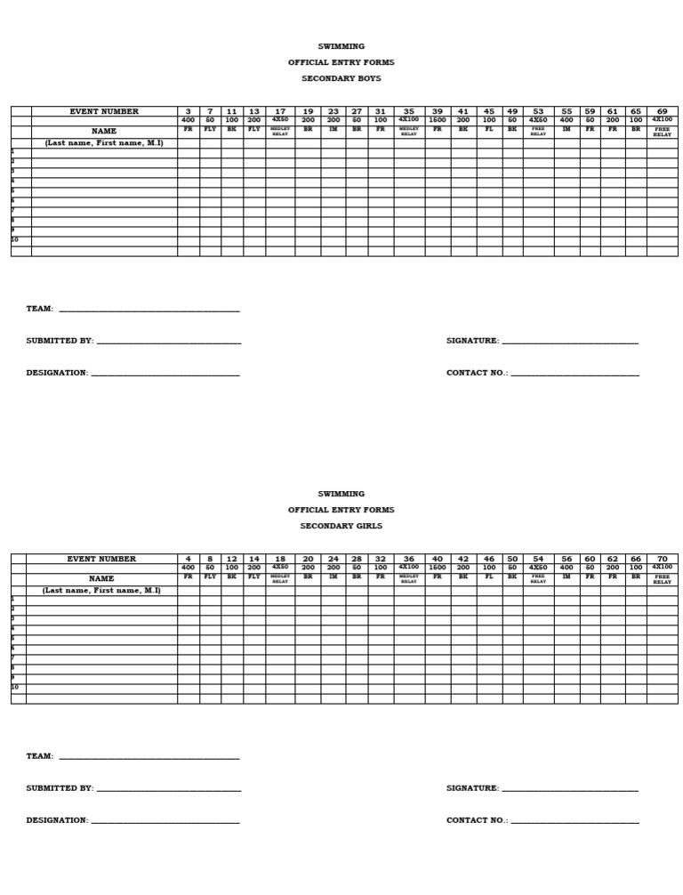 Swimming Entry Form for Secondary Teams | PDF | Swimming | Racing