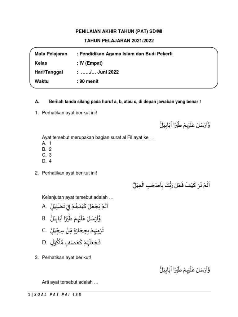 Soal Pat 4 2022 SD | PDF
