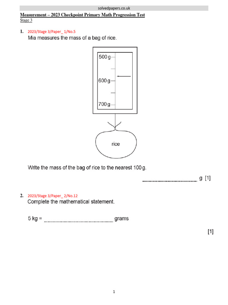 2023-Measurement-Checkpoint Primary Math Progression Stage-3 | PDF