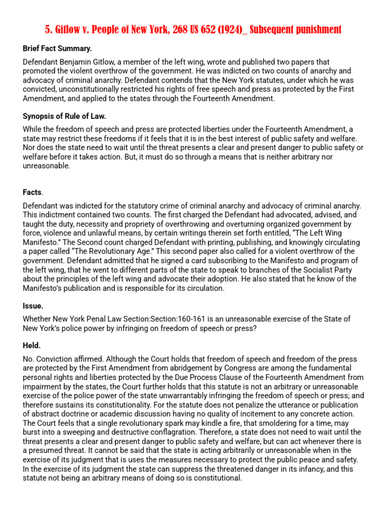 5 Gitlow V People of New York, 268 US 652 1924 Subsequent Punishment | PDF | Freedom Of Speech ...