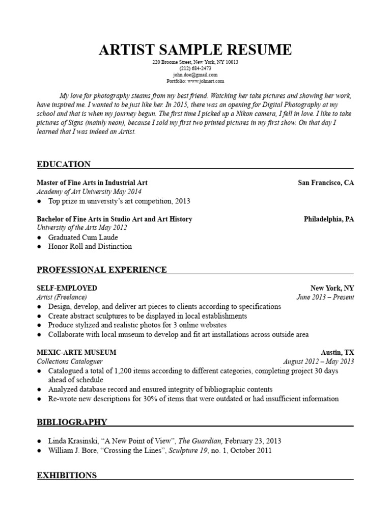 Artist Resume Sample | PDF