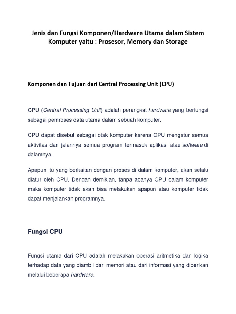 Jenis Dan Fungsi Komponen Atau Hardware Utama Dalam Sistem Komputer ...