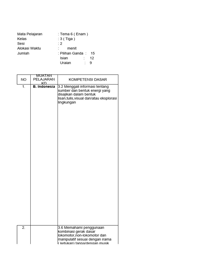 Kisi-Kisi Soal Kelas 3 Tema 6 | PDF