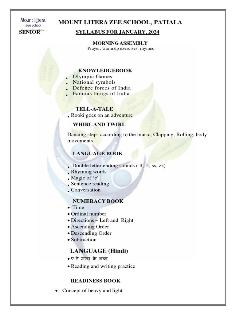 SR - KG Syllabus JANUARY'2024 | PDF