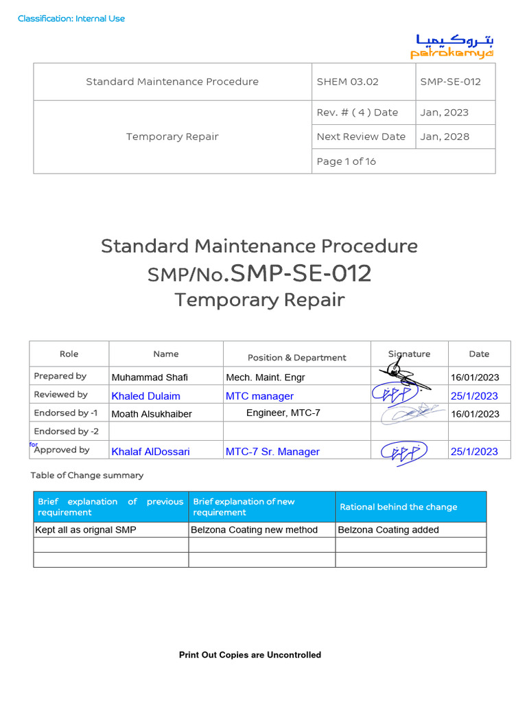 SMP-SE-012 Temporary Repair | PDF | Leak | Pipe (Fluid Conveyance)