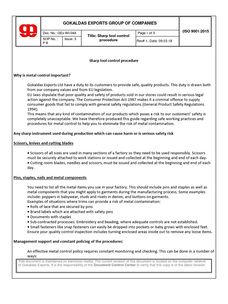 08-Sharp Tool Control Procedure | PDF | Knife | Scissors
