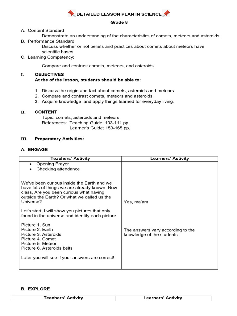 Grade 8 Lesson Plan: Comets, Meteors, Asteroids | PDF | Meteoroid | Comet