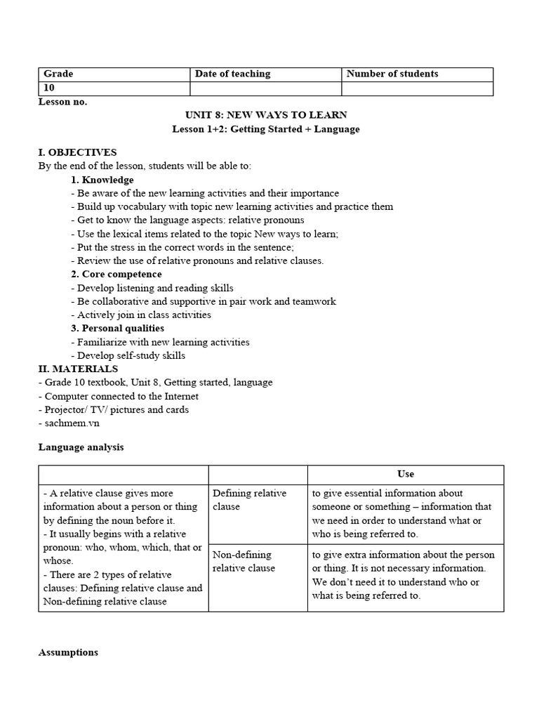 10A2. U8-L1, 2 - Getting Started Language | Download Free PDF | Word | Clause
