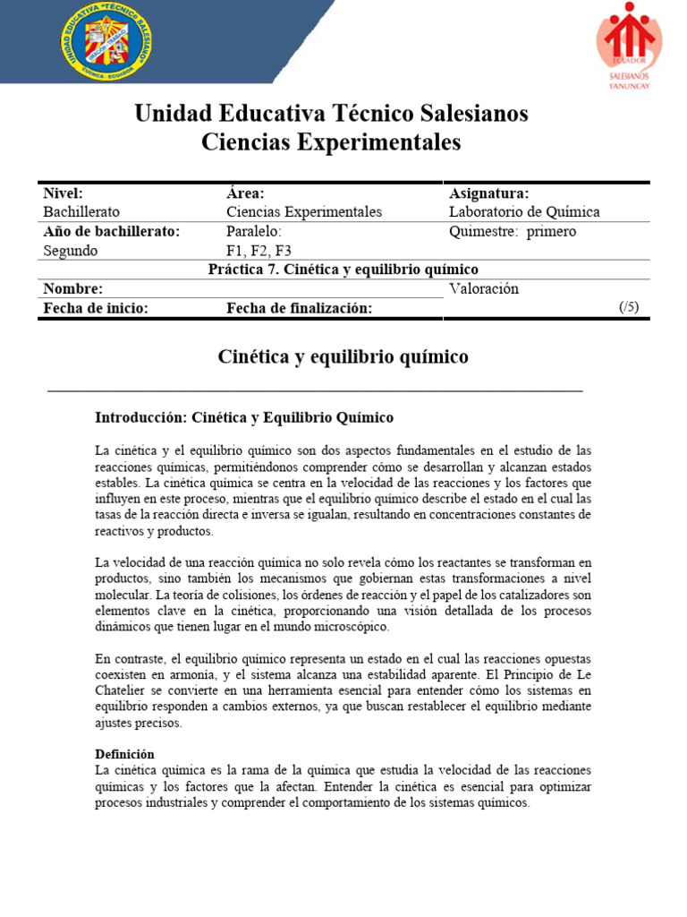Practica 7. Cinetica y Equilibrio Quimico | PDF | Cinética química | Equilibrio químico