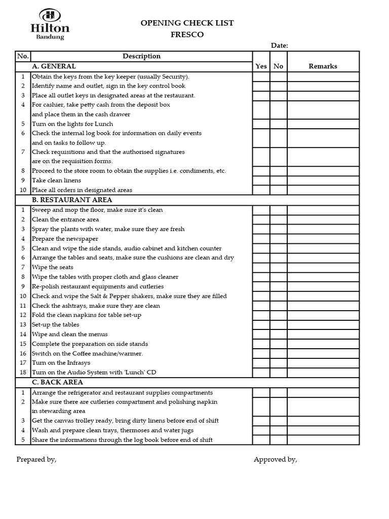 Fresco Operation Checklist | Download Free PDF | Restaurants | Home