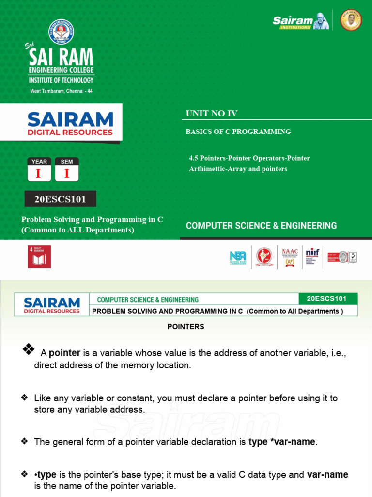 45 Pointers Pointer Operators Pointer Arithmetic Arrays And Pointers Array Of Pointers
