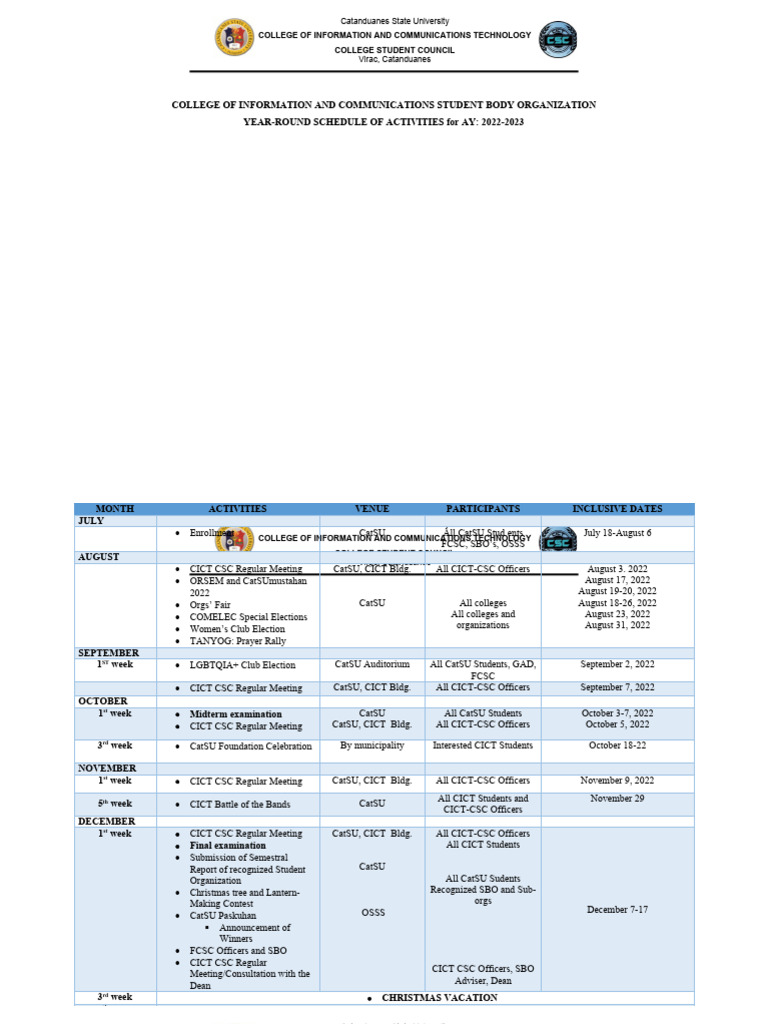 CICT CSC Calendar of Activities | PDF