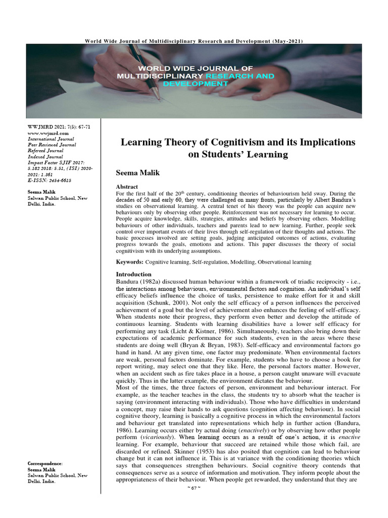 Learning Theory of Cognitivism and Its Implications On Students Learning - 1622555691 | PDF ...