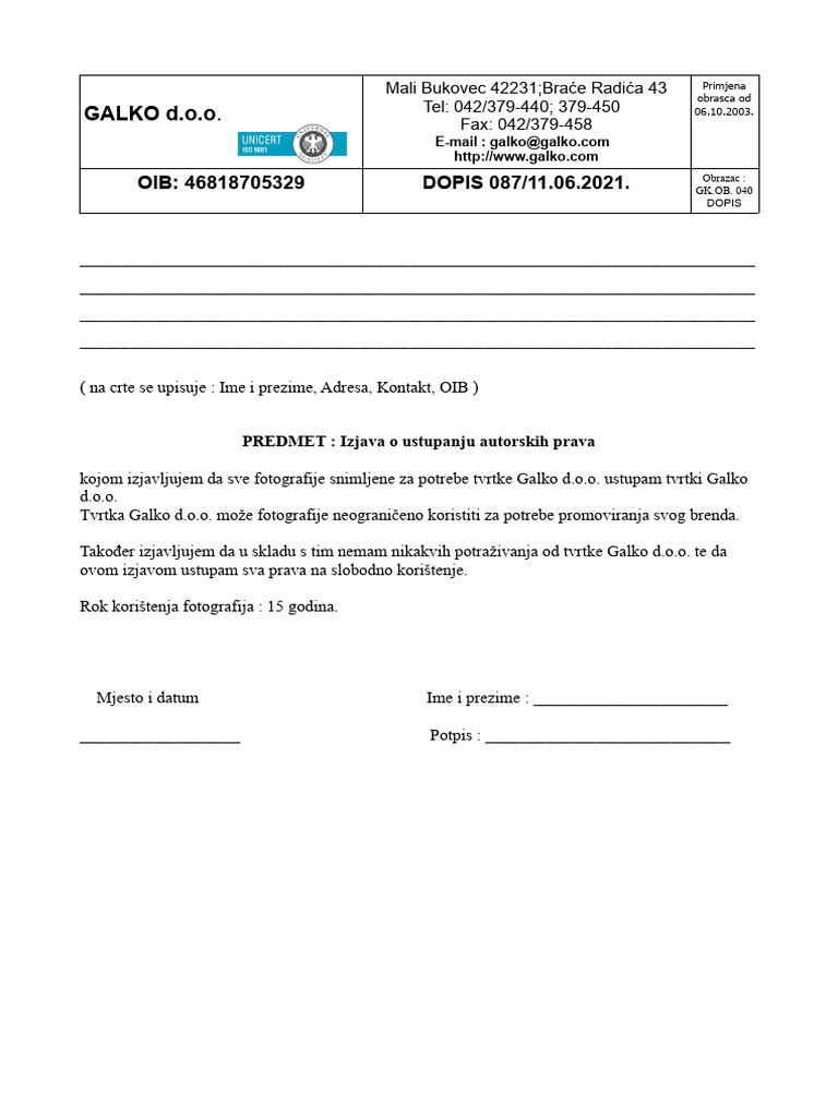 Izjava o Ustupanju Autorskih Prava | PDF