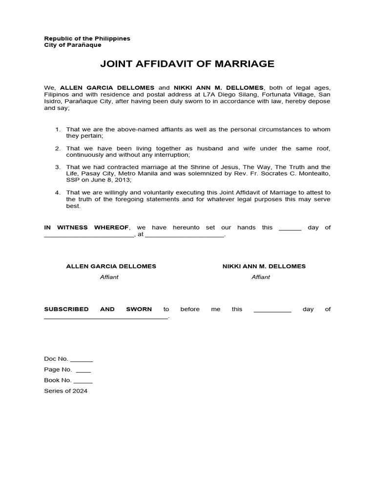 Joint Affidavit of Marriage Dellomes | PDF