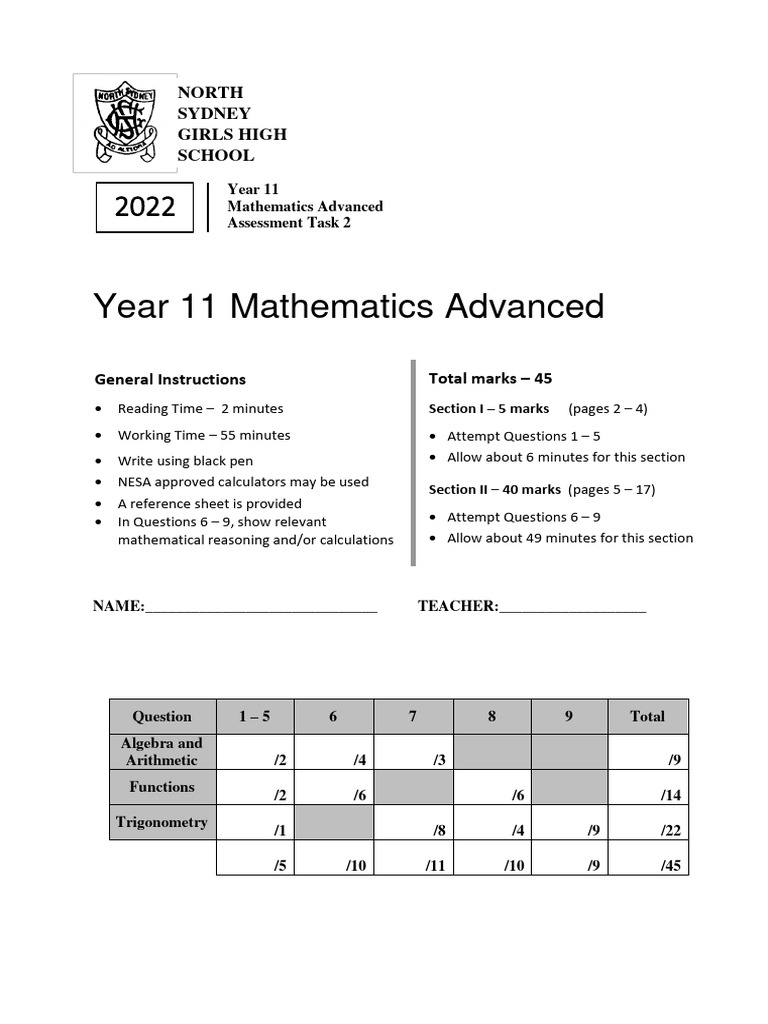 Year 11 Advanced Mathematics Assessment | PDF | Triangle | Logarithm