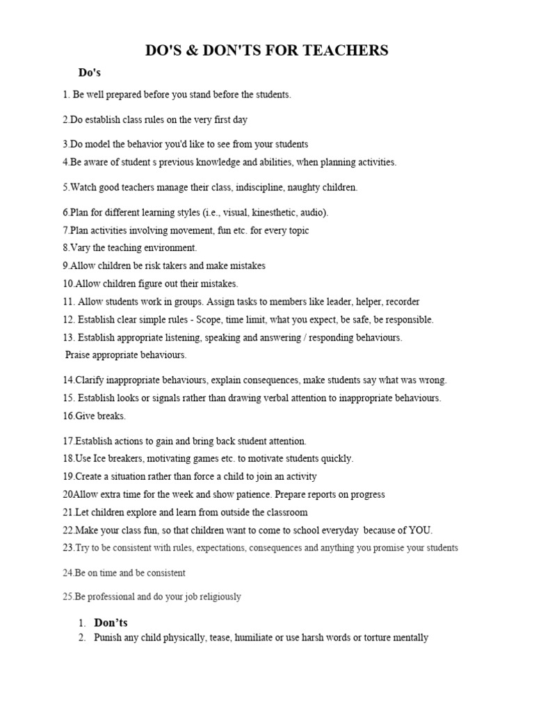 DO and DONT'S Teachers | Download Free PDF | Teachers | Behavior