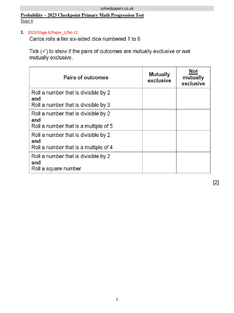 2023-Probability-Checkpoint Primary Math Progression Stage-6 | PDF