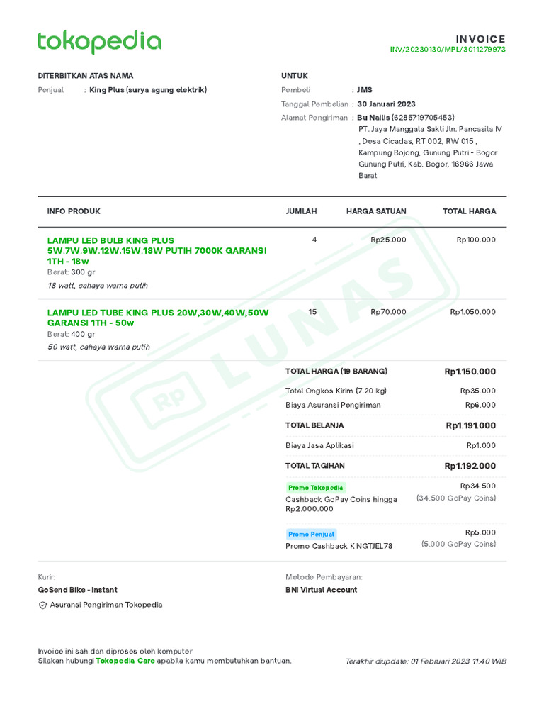 Invoice - Tokopedia PO 009 | PDF