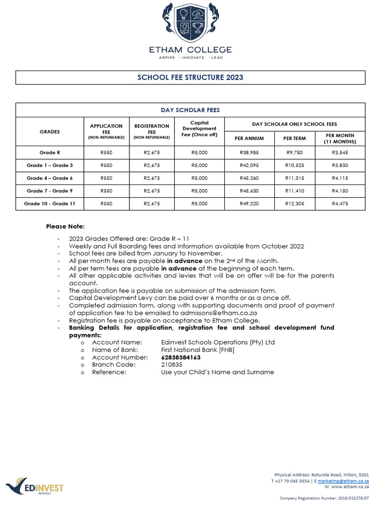 Etham School Fee Structure Annexure 2023 Final | PDF | Money | Payments