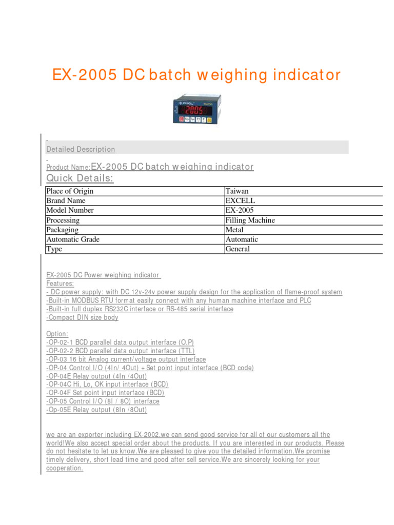 EX-2005 DC Batch Weighing Indicator | PDF | Technology & Engineering