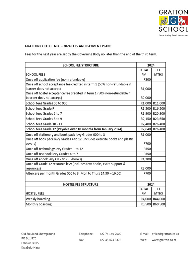 Gratton School Fees and Payment Plans 2024 | PDF