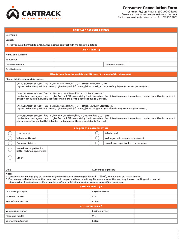 Consumer Cancellation Form: Cartrack Account Details | PDF | Service ...