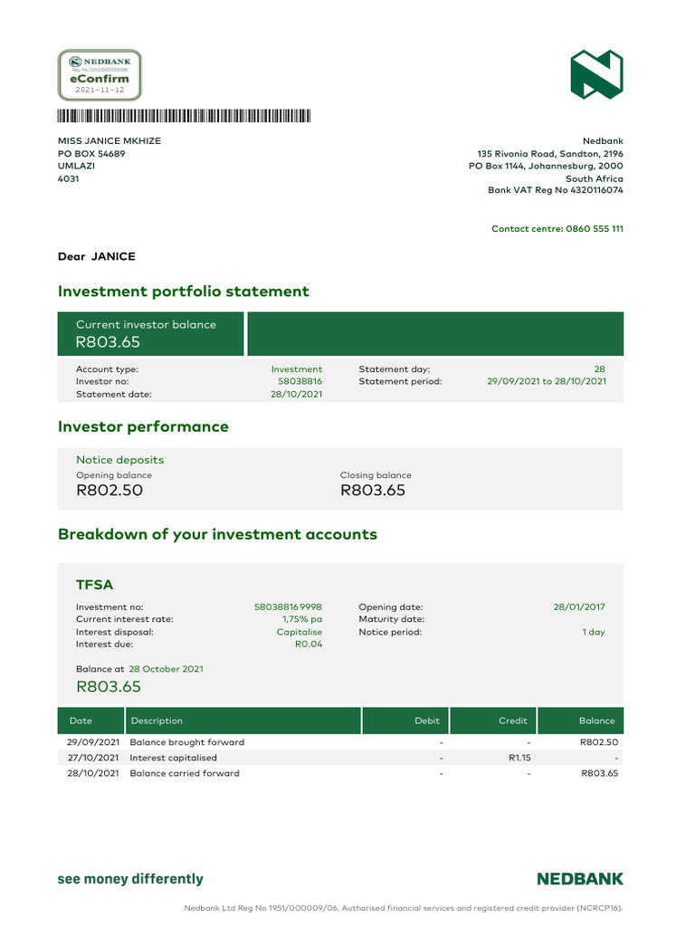 Nedbank Investment Statement - 28 Oct 2021 | Download Free PDF | Banks ...