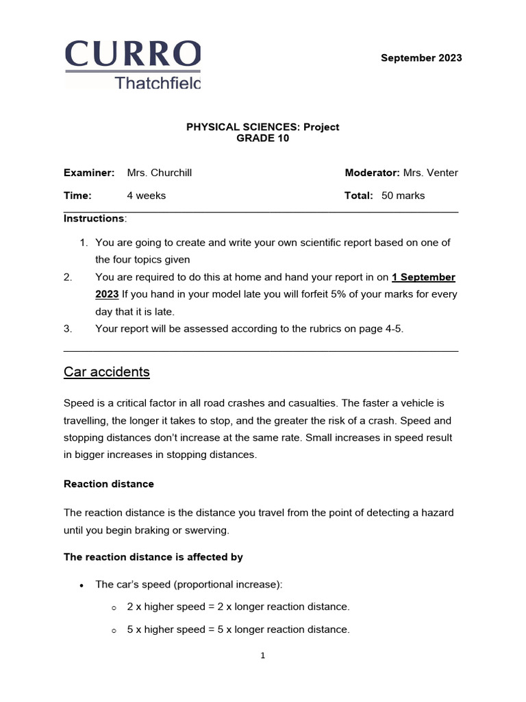 Grade 10 Physics Project on Car Stopping | PDF | Speed | Acceleration