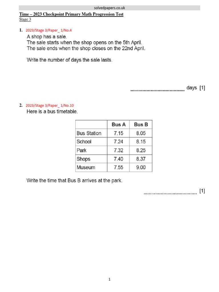 2023-Time-Checkpoint Primary Math Progression Stage-3 | PDF