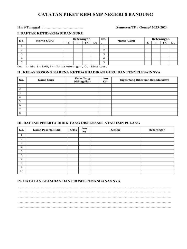 Format Catatan Piket KBM 2024 Ok | PDF