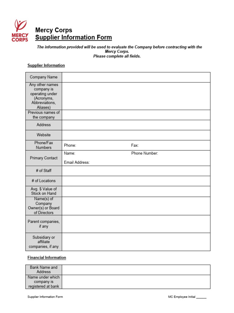 Supplier Information Form Standard Pdf Employment Justice 6265