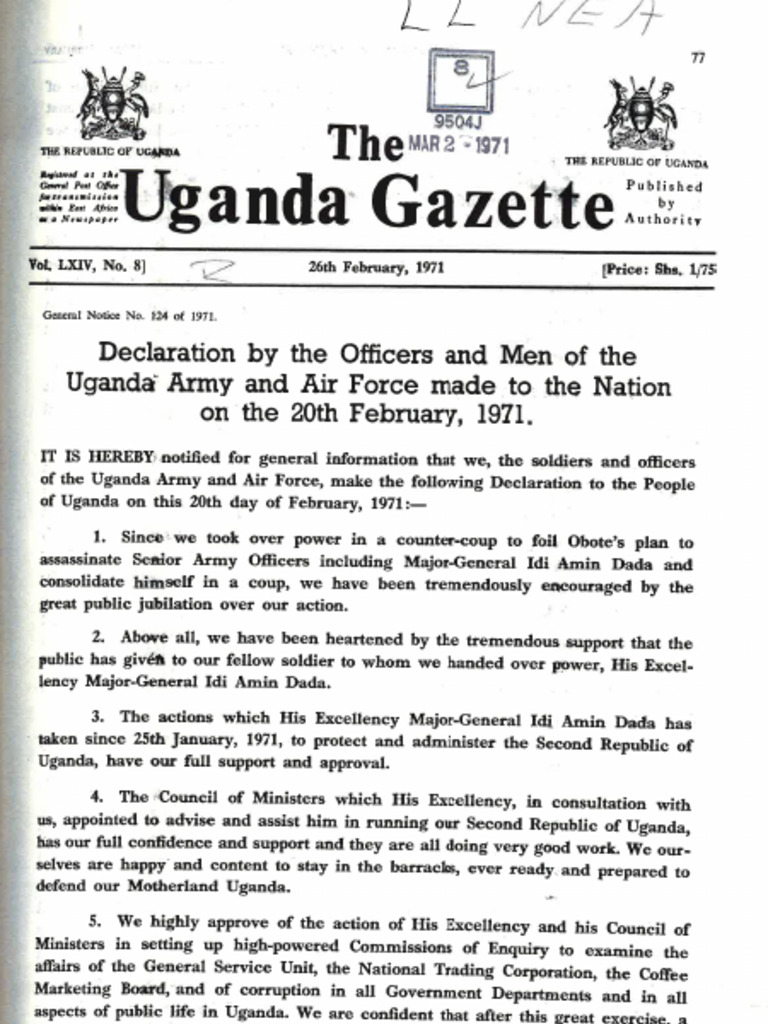 Declaration OF The Armed Forces To The People of UGANDA | PDF