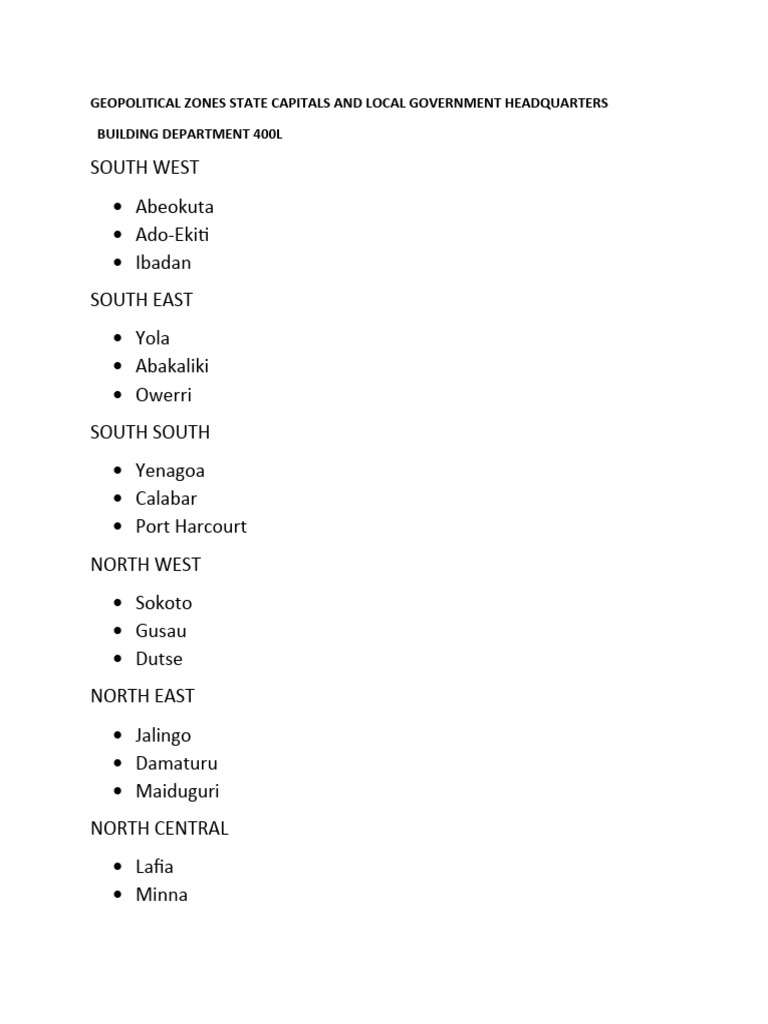 Geopolitical Zones State Capitals and Local Government Headquarters | PDF