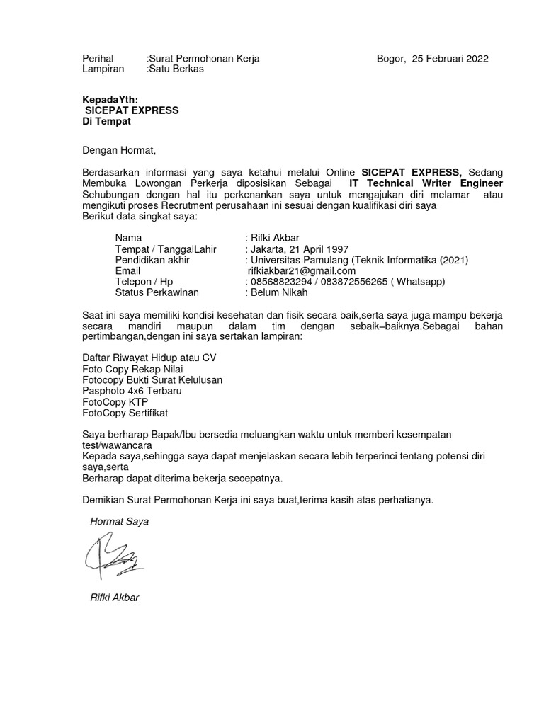 CV Rifki Akbar - SICEPAT EXPRESS - IT Technical Writer Engineer | PDF | Karier & Perkembangan