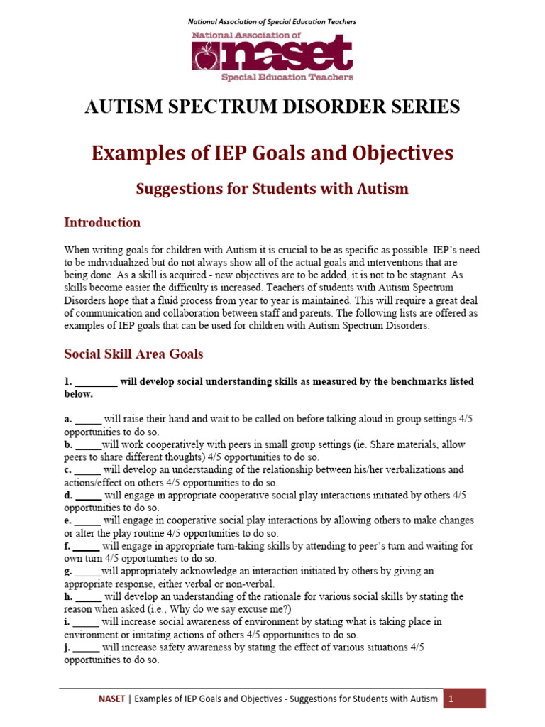 Examples of IEP Goals and Objectives: Autism Spectrum Disorder Series | PDF | Behavioural ...