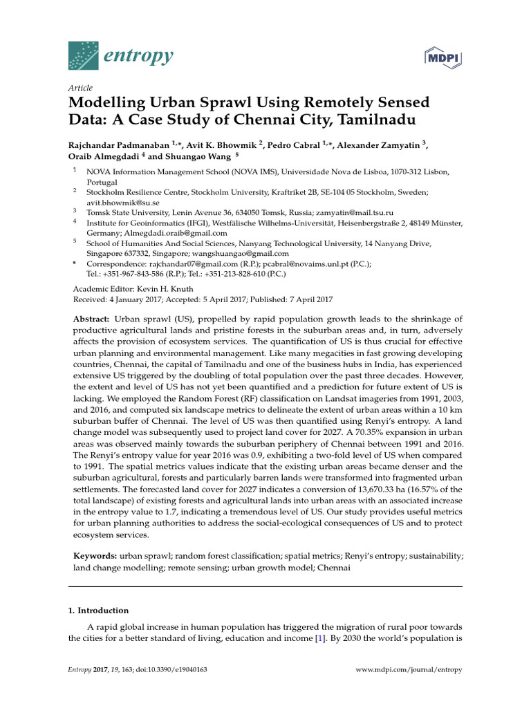 Modelling Urban Sprawl Using Remotely Sensed Data Chennai City | PDF | Statistical ...