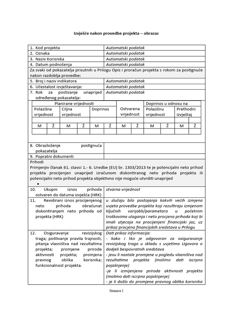 Prilog 3. Izvješće Nakon Provedbe Projekta I Kontrolna Lista | PDF