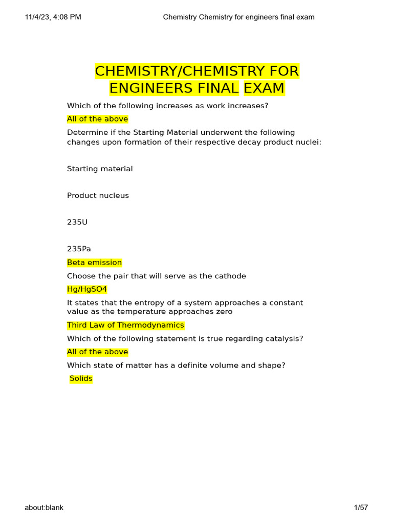 Chemistry Chemistry For Engineers Final Exam | PDF | Chemistry ...