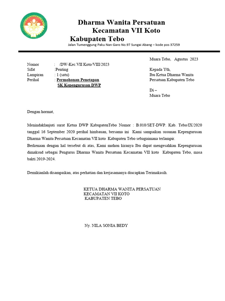 Surat Permohonan Penetapan SK Pengurus DWP | PDF