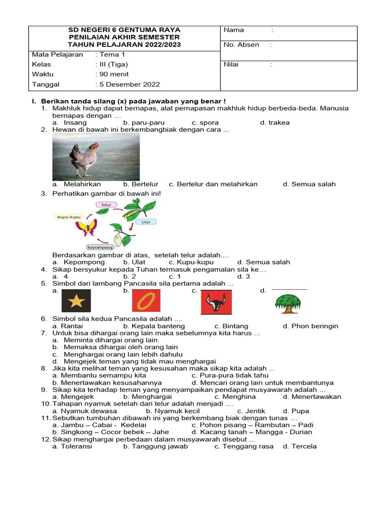 Soal Pas Kelas 3 Tema 1 | PDF